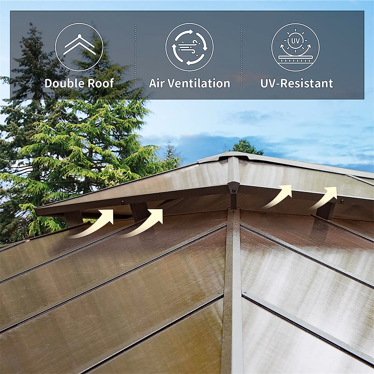 RITSU 10'x12' Gazebo, Hardtop Permanent Outdoor Gazebo with Polycarbonate Double Roof, Aluminum Canopy Pavilion with Curtain and Net for Garden, Patio, Lawns, Deck, Backyard