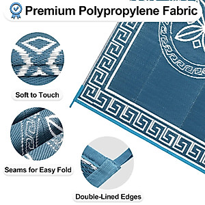 OutdoorLines Outdoor Reversible Rugs for Patio 9x12 ft - Plastic Area Rug, Stain & UV Resistant Portable RV Carpet, Plastic Straw Mats for Porch Deck and Camping Quatrefoil/Grayish Blue & White