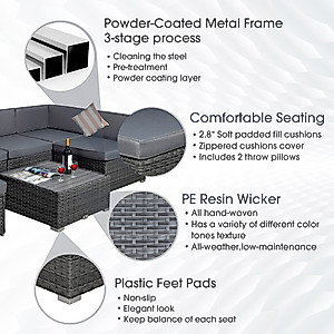 7 Piece Outdoor Patio Furniture Set with Cushions, PE Rattan Wicker Modular Outdoor Sectional L Shape Patio Conversation Sofa Set with Coffee Table, and Two Pillows (Light Gray/Gray)
