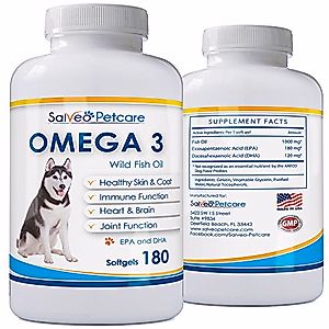 Omega 3 Fish Oil for Dogs - Natural Pet Supplement for Shiny Coat - Wild Caught More EPA & DHA Than Salmon Oil - 180 Capsules No Fishy Smell or Mess - Ideal for Medium Large Dogs