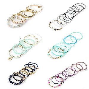 LOYALLOOK 6 Sets Bohemian Stackable Bead Bracelets for Women Stretch Bohemian Style Stretch Multilayered Boho Bracelet Set