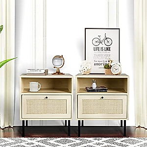 Lamerge Rattan Nightstand Set of 2, Wooden End Table, Modern Side Table with Storage Drawer and Opening Shelf, Accent Table for Living Room, Bedroom and Small Spaces, Natural