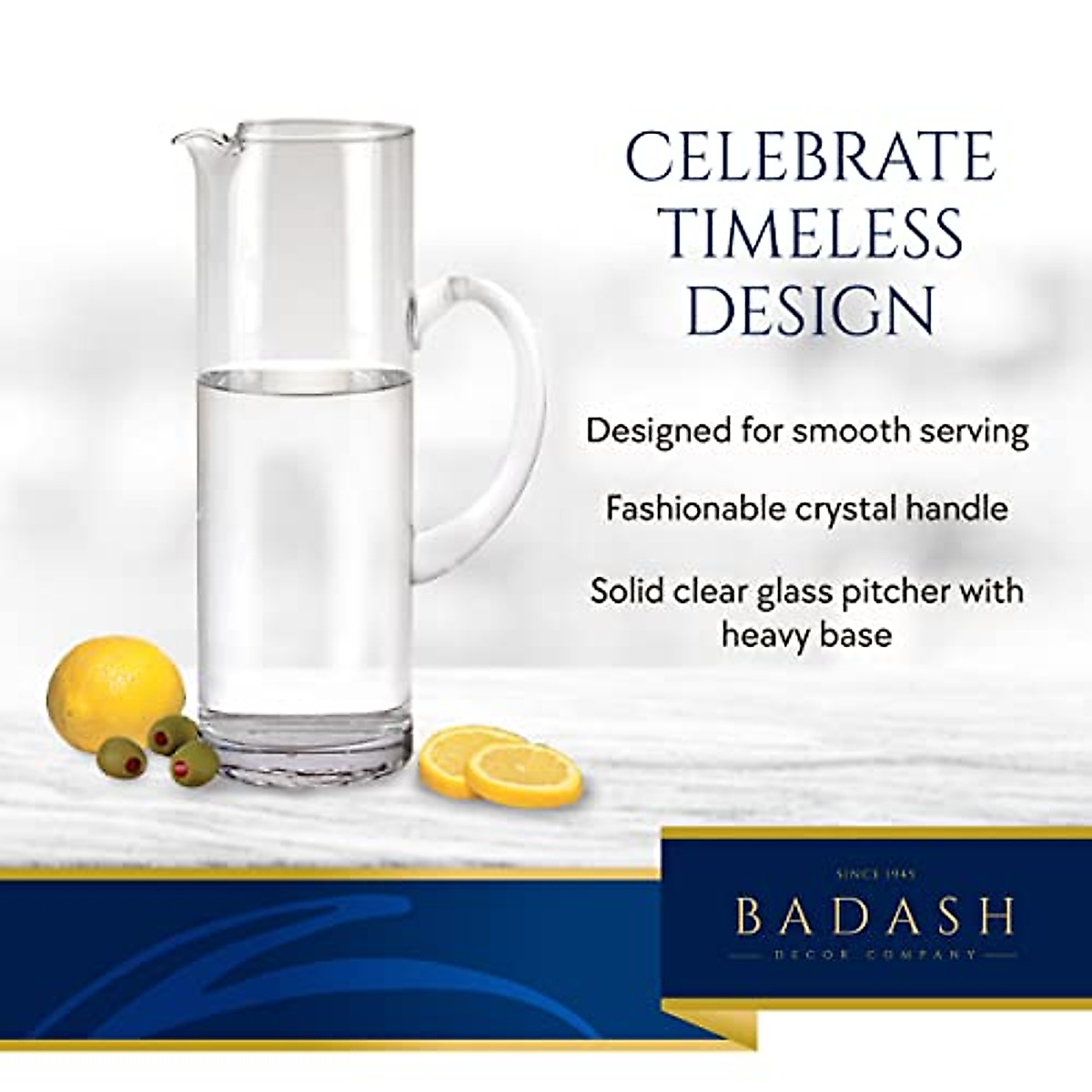 Badash Crystal Glass Pitcher - 9.75” Tall Mouth-Blown Lead-Free Crystal Glass Pitcher - 48 oz. Cocktail Pitcher - Cylinder Pitcher for any Beverage