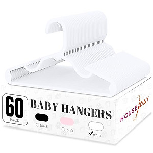 HOUSE DAY Plastic Baby Hangers for Closet 60 Pack, Durable Plastic Kids Hangers for Baby Clothes, Thin & Compact Childrens Hangers, Space Saving White Baby Hangers, Small Hangers for Kids Clothes