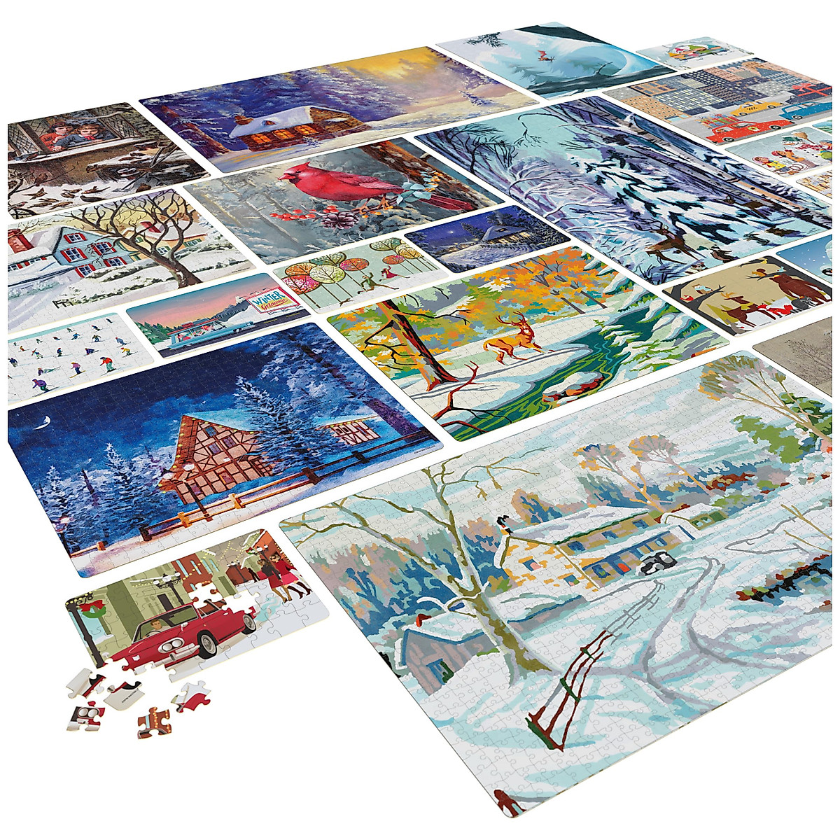 24 Jigsaw Puzzle Bundle, Holiday Winter Snow Illustration Landscape, 1000, 500, 300, 100, 48, 24 Pieces, for Kids and Adults Ages 8 and up