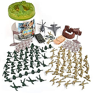Sunny Days Entertainment Military Battle Group Bucket Over 100 Assorted Soldiers and 20 Accessories Toy Play Set for Kids, Boys and Girls | Plastic Army Men Figures with Storage Container