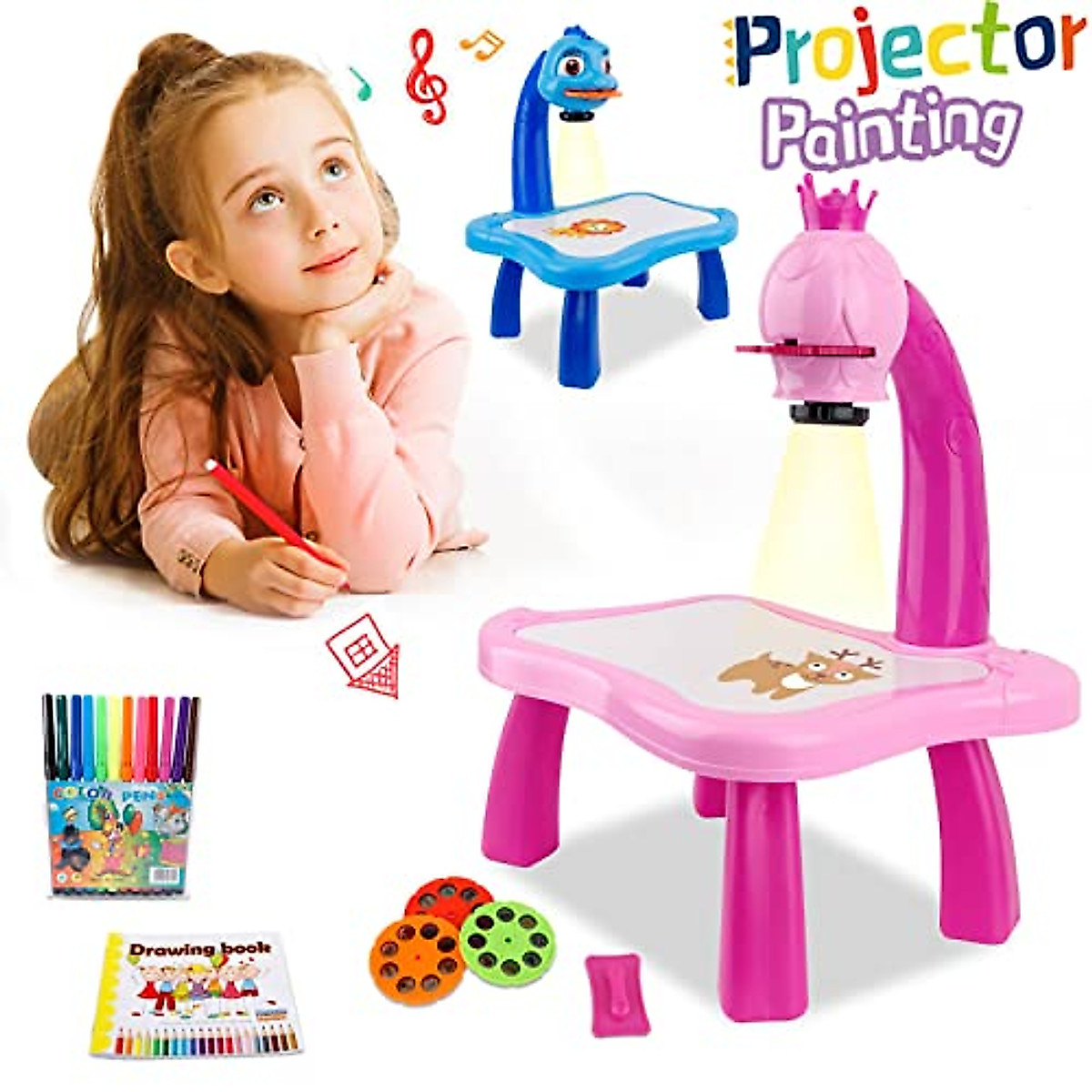 KETIEE Drawing Projector Table for Kids, Trace and Draw Projector Toy Set, Art Projector Painting Table Board Toy with Light & Music, Educational Drawing Toys for Toddler Boys Girls Age 3+ (Pink)