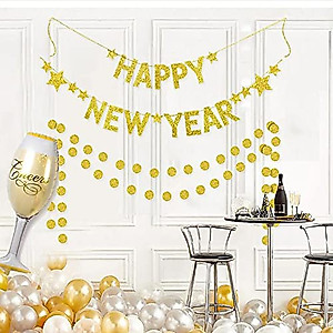 Happy New Year Banner 2022 New Year Party Decorations Glitter Gold Paper Garland Banner for New Year Eve Party Supplies Outdoor Indoor Home Decoration