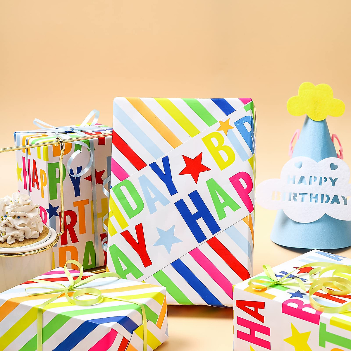 LeZakaa Reversible Birthday Wrapping Paper Jumbo Roll - Happy Birthday Lettering & Stripe - 24 inches x 100 Feet (200 sq.ft.)