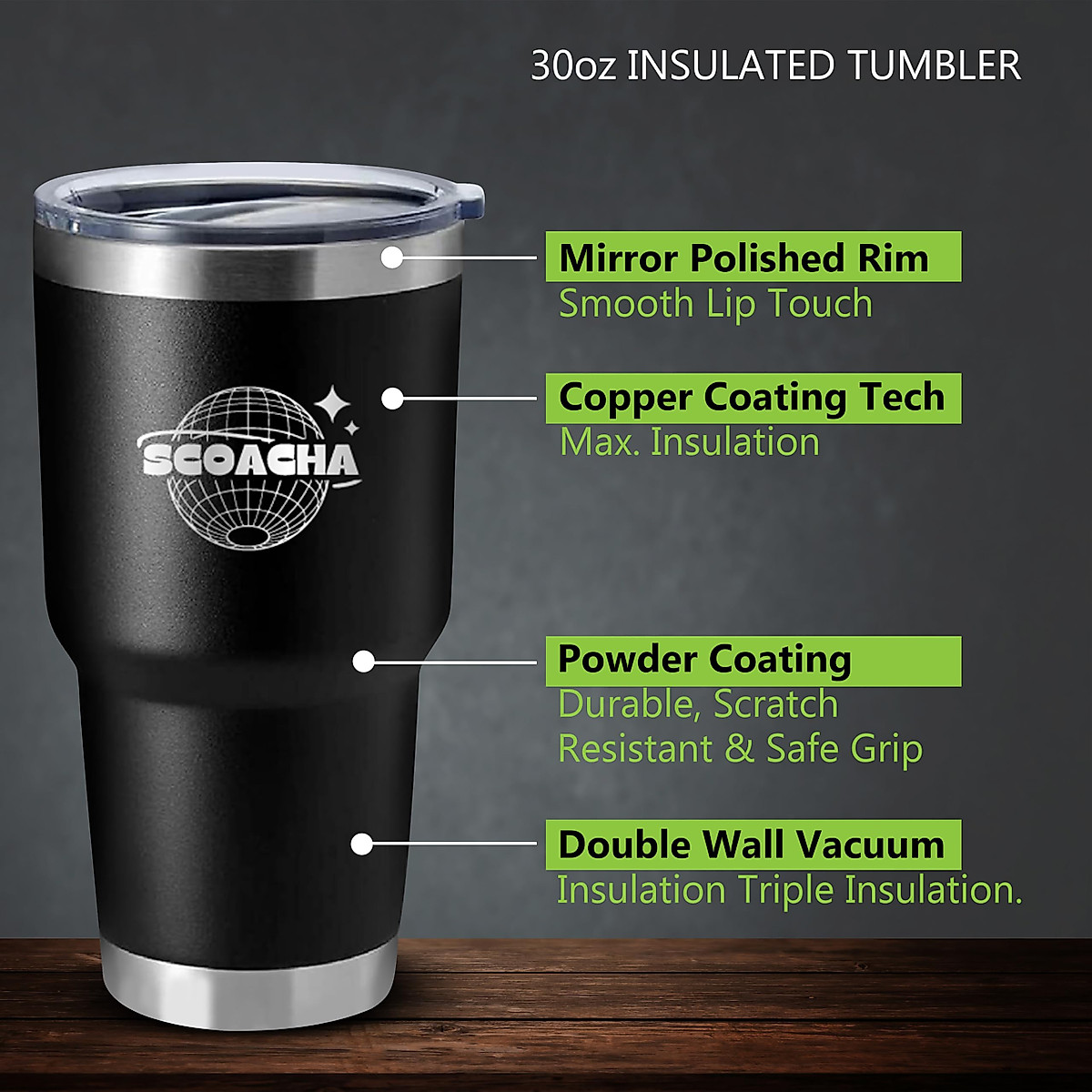 SCOACHA 30 oz Stainless Steel Double Wall Vacuum Insulated Travel Tumbler – Durable and Spill-Proof Lid – Perfect for On-the-Go, Work, and Outdoors. (Black)