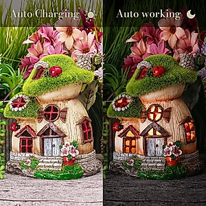 TERESA'S COLLECTIONS Mushroom Garden Statues with Outdoor Solar Light, Green Flocked Fall Decorations for Home, Resin Fairy House Accessories Outdoor Fall Decor Yard Lawn Ornaments Gifts for Mom 6.6“
