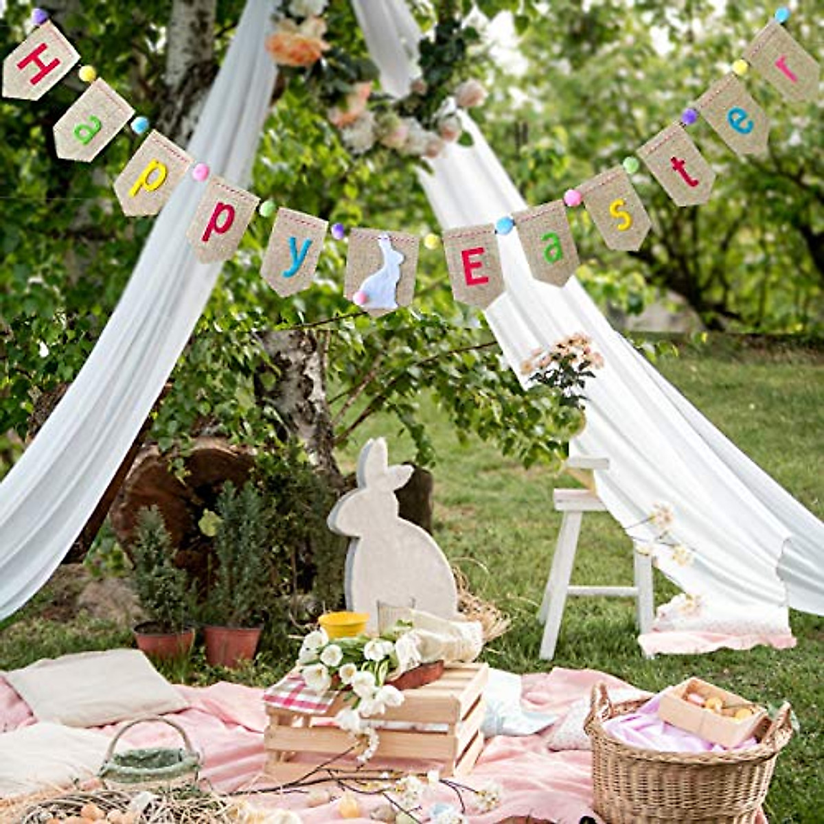 Happy Easter Burlap Banner Decorations, Happy Easter Garland, Easter Decor, Easter Bunting, Easter Bunny Sign, Farmhouse Banner, Easter Decorations For Mantle,Easter Bunny Banner Gift for Kids …