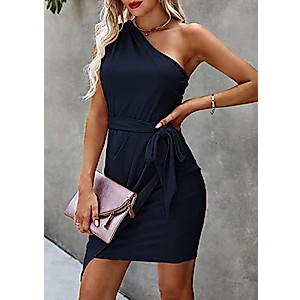 PRETTYGARDEN Women's Fashion One Shoulder Ruched Bodycon Fitted Cocktail Party Mini Dress (Navy,Medium)