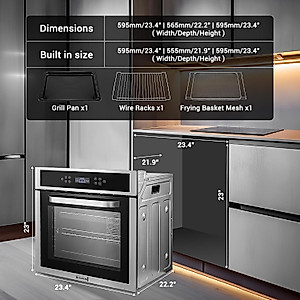 AAOBOSI Single Wall Oven, 24 Inch Electric Built-in Convection Oven 2.5 Cu.Ft 2800W 240V LED Digital Display Touch Control Timer Alarm Clock ChildLock for Kitchen,Drop Down Door in Stainless Steel
