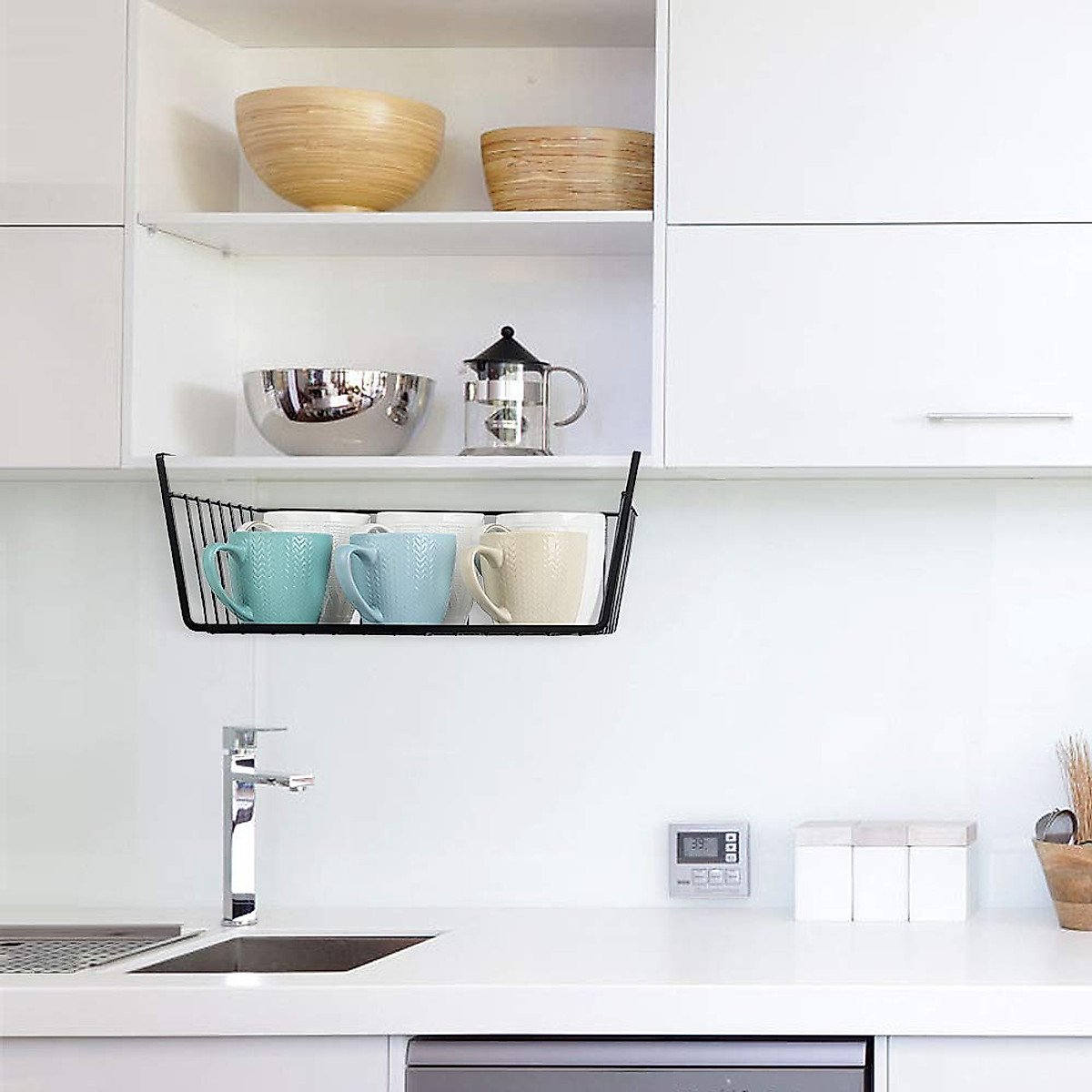 Under Shelf Basket 4 Pack Hanging Under Shelf Storage Organizer Black Metal Wire Grid Under Table Shelf Storage Basket Rack for Pantry Cabinet Desk Bookshelf Office Closet