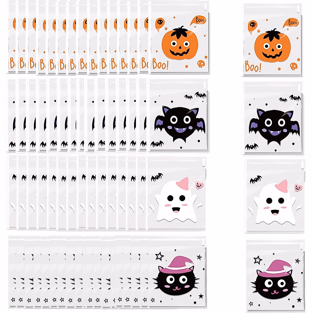 CMJSGG 400 Pcs Halloween Clear Treat Bags Self Adhesive Cookie Bags Trick or Treat Candy Bags Cellophane Bags for Halloween Cookie, Gift, Candy, Snacks Packaging (4 Cute Cartoon Patterns)