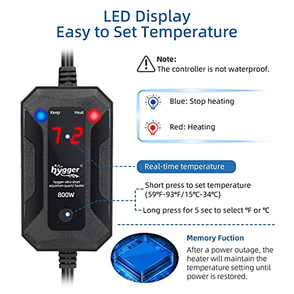 hygger 100W Aquarium Heater, Ultra Short Quartz Fish Tank Heater with LED Digital Display Thermostat Controller for 5-26 Gallon Freshwater Saltwater Tank