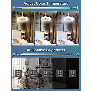 VONFAME Enclosed Ceiling Fan with Light and Remote Small 10-inch E27 Bladeless Ceiling Fans Dimmable LED Lights 3 Gear Wind Speeds Family Summer Gift for Garage Tool Room and Store Room(Yellow)