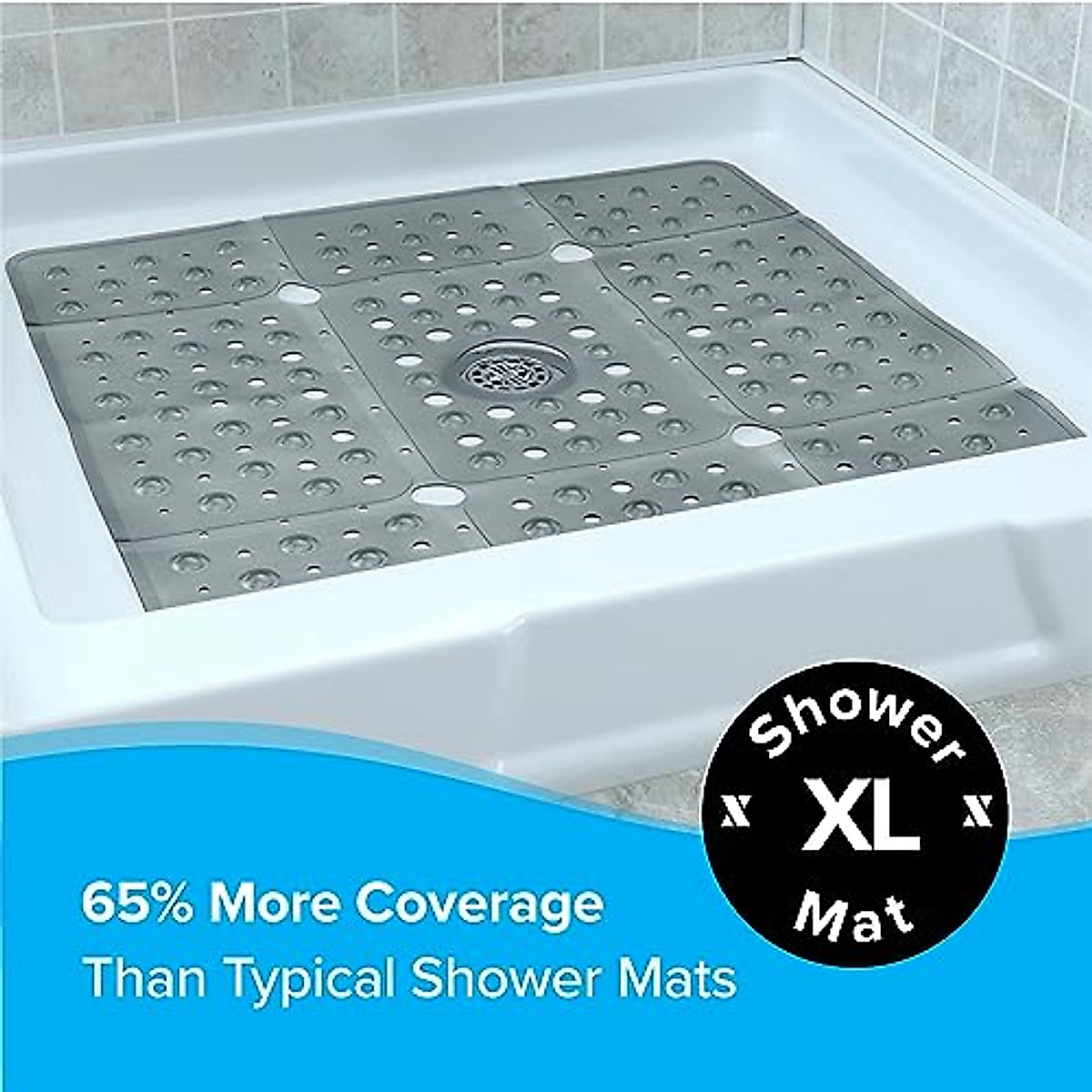 SlipX Solutions Accu-Fit Square Shower Mat, Extra Large 27"x27", Non-Slip Stall Mat for Elderly & Kids Standing Bath Tub Mat, Machine Washable, Suction Cups, Transparent Gray