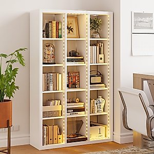 IRONCK 15 Cube Bookcase Storage Shelf Organizer with LED Lights, 5 Tier Bookshelves and Bookcases Display Shelves, Horizontally or Vertically Use, White