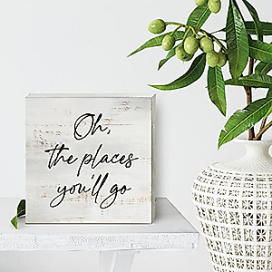 Oh the Places You'll Go Wood Box Sign Home Decor Rustic Nursery Quote Wooden Box Sign Block Plaque for Wall Tabletop Desk Home Nursery Decoration 5" x 5"