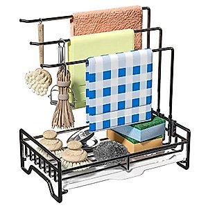 KIKIBRO Kitchen Sink Caddy Organizer Dish Cloth Holder for Rag Brush Sponge Soap at Kitchen Bathroom with Drip Tray and Swivel Lever