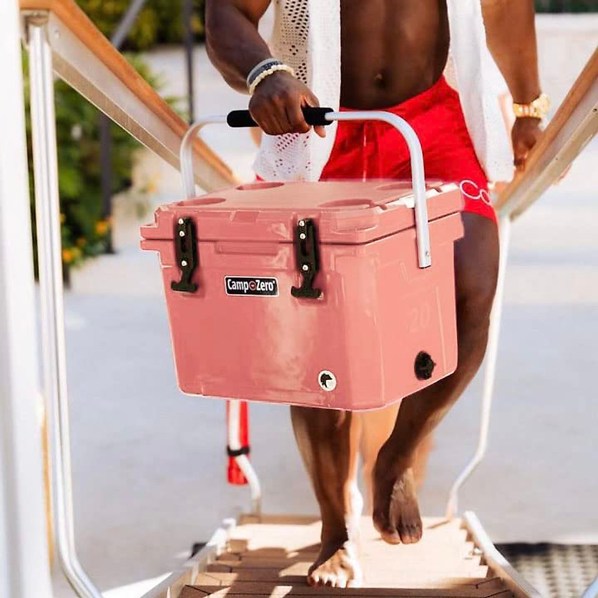 CAMP-ZERO 20L Coral Ice Chest with Molded-in Cup Holders and Folding Aluminum Handle