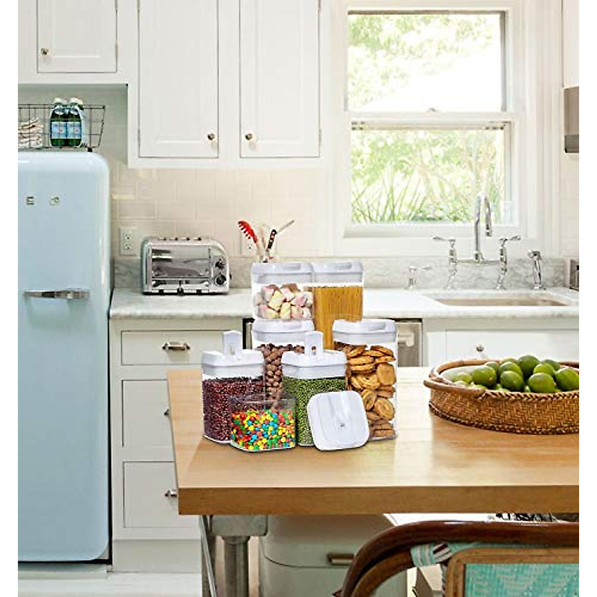 CINEYO Airtight Food Storage Container Set 7 Piece Set Clear Plastic Canisters For Cereal, Flour with Easy Lock Lids, for Kitchen Pantry Organization and Storage, Include Labels and Marker (White)