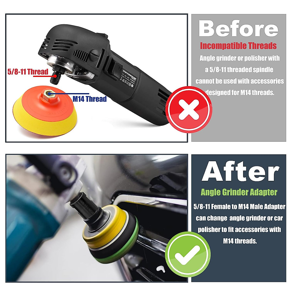 Yakamoz 2Pcs 5/8"-11 Female to M14 Male Angle Grinder Attachment 5/8"-11 to M14 Adapters Rotary Polisher M14 Thread Adaptor Converter