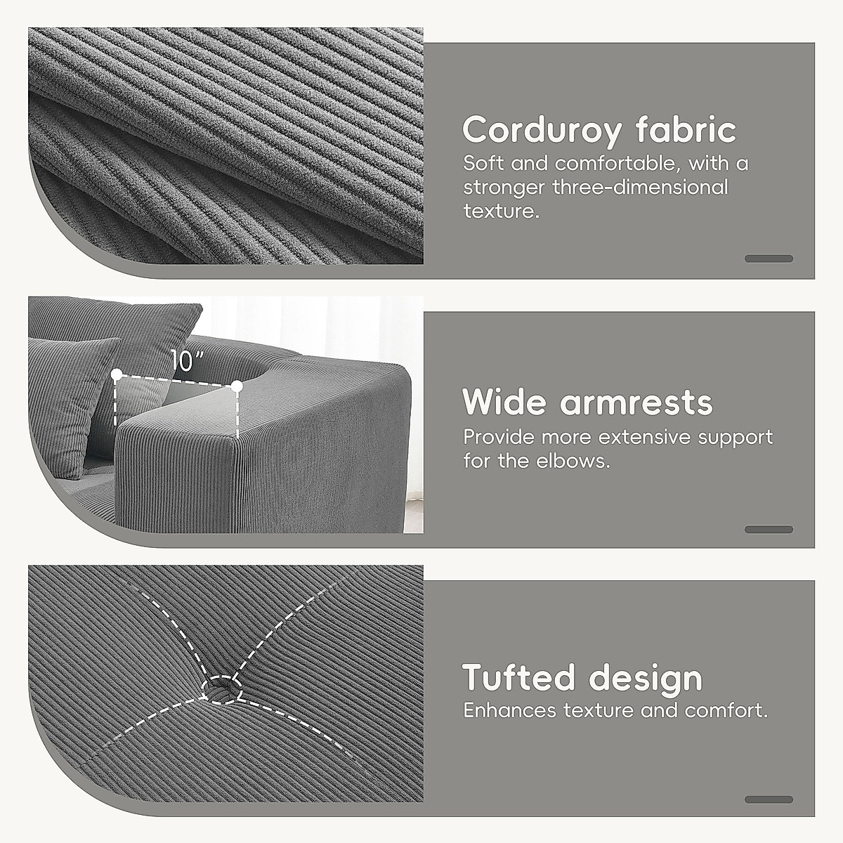 P PURLOVE L Shaped Sectional Sofa, Corduroy Modern Minimalist Style L Shaped Couch, Modular Upholstered Living Room Sofa Set for Living Room, Apartment, 3 PC Free Combination (Gray)