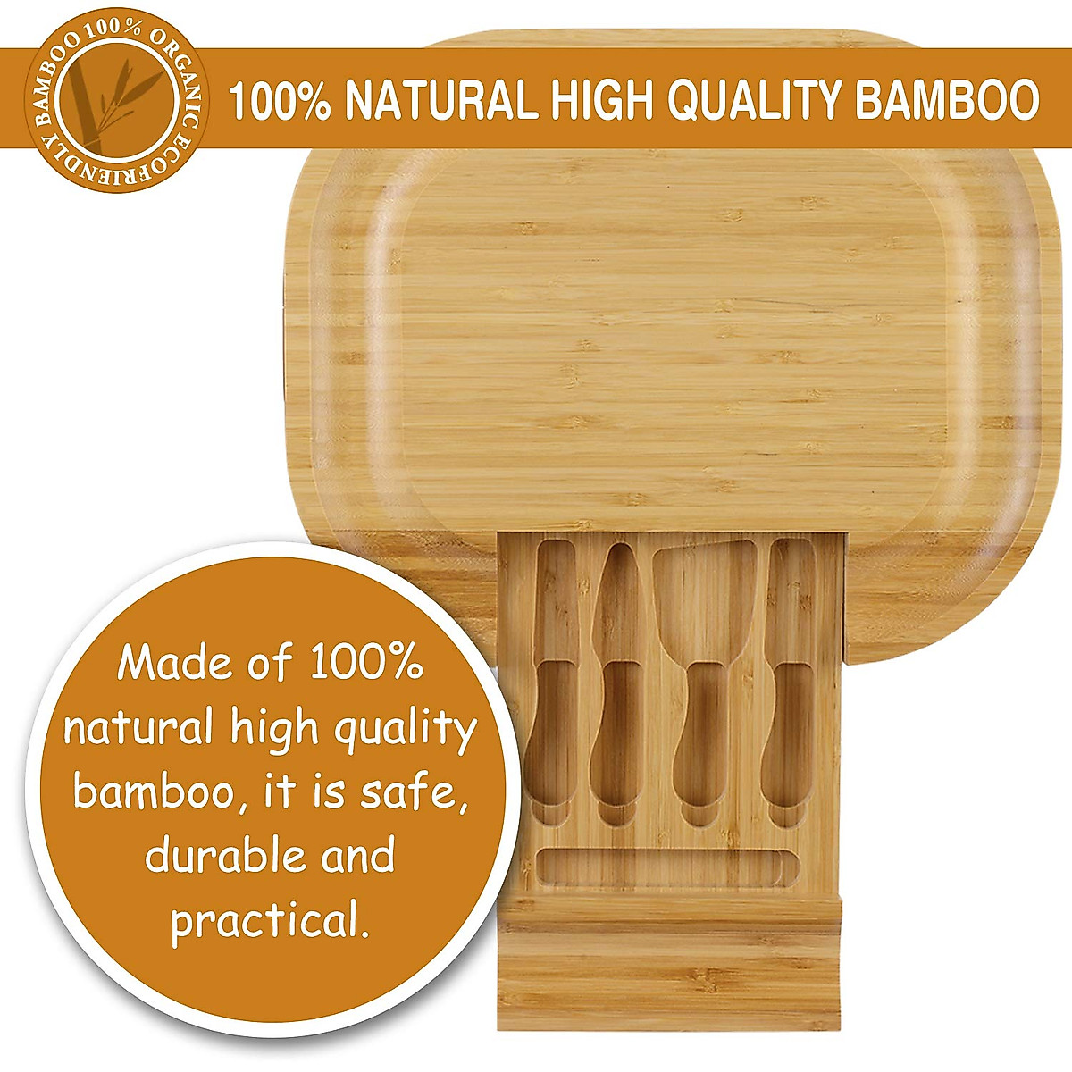 MH Zone Bamboo Cheese Board Set Charcuterie Board Cheese Plate Cheese Tray with Integrated Drawer, 4 Stainless Steel Knife and 4 Fork, for Family, Friend or Lover