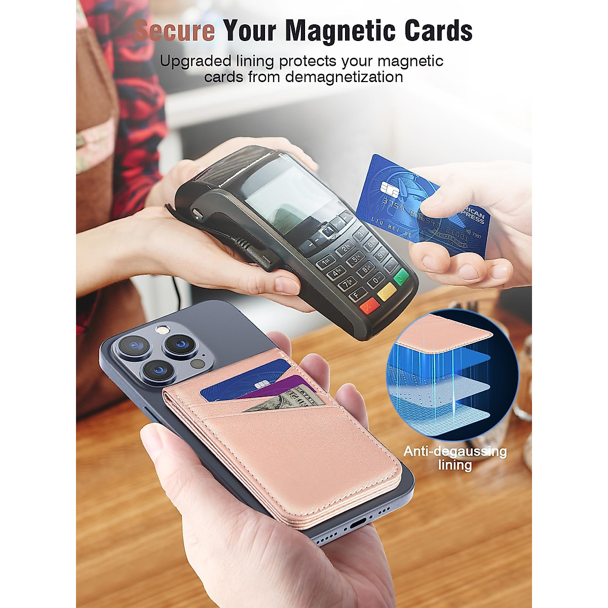 TopMade for MagSafe Wallet Stand, Strongest Magnetic Phone Wallet Card Holder for iPhone 15/14/13/12 Series, Vegan Leather, RFID Blocking, 5 Card Slots, Open ID Window, Slim, Rose Gold