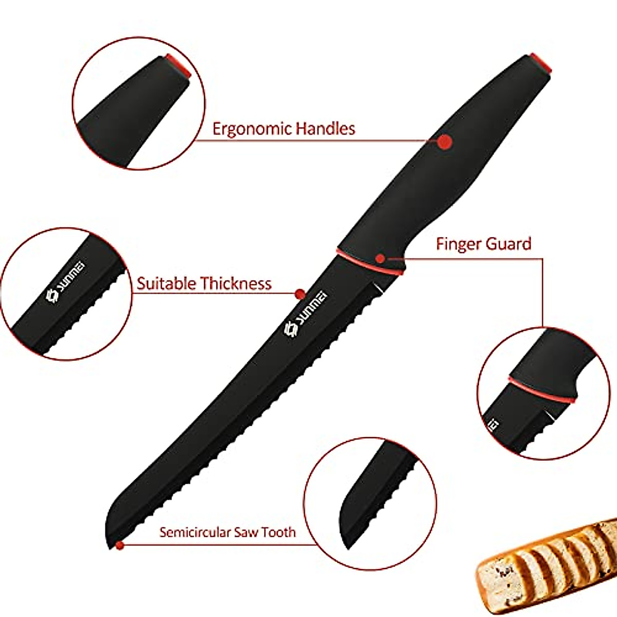 Sunmei Bread Knife-8 Inch Stainless Steel Serrated Knife, Serrated Bread Knife for Homemade Bread, With Non-slip Handle (Black)