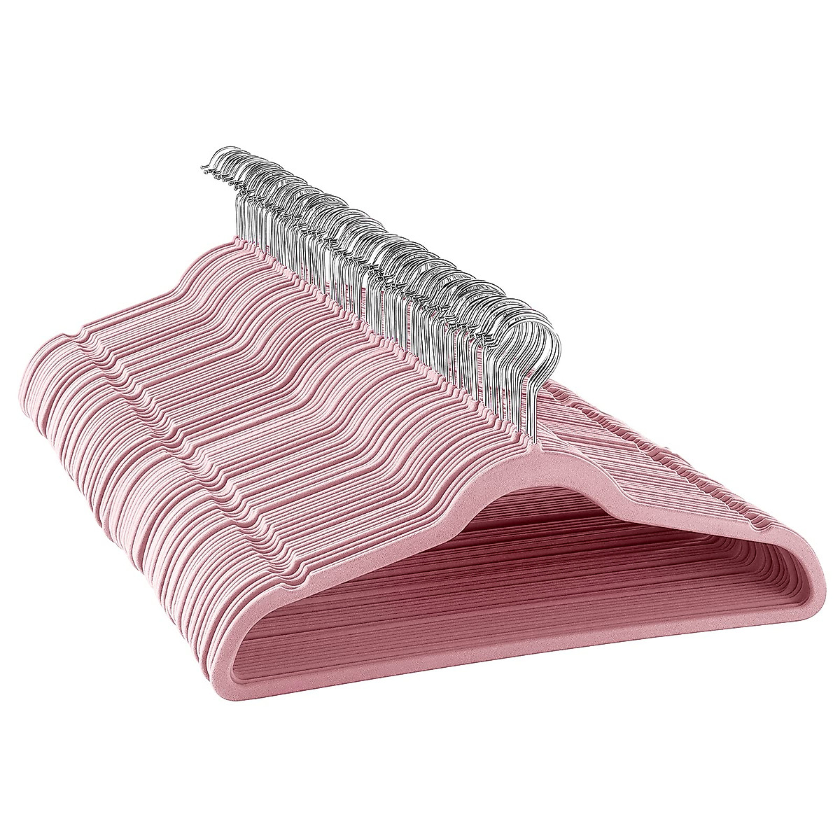 Elama 100 Piece Set of Velvet Slim Profile Heavy Duty Felt Hangers with Stainless Steel Swivel Hooks in Pink