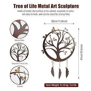 Topretty Tree of Life Metal Art Sculpture, Wall Hanging Tree Silhouette Decor with 3 Leaves, Tree Life Metal Hang Wall Artwork Plaque for Balcony Porch Living Room Garden Bedroom Office, 11'' x 11''