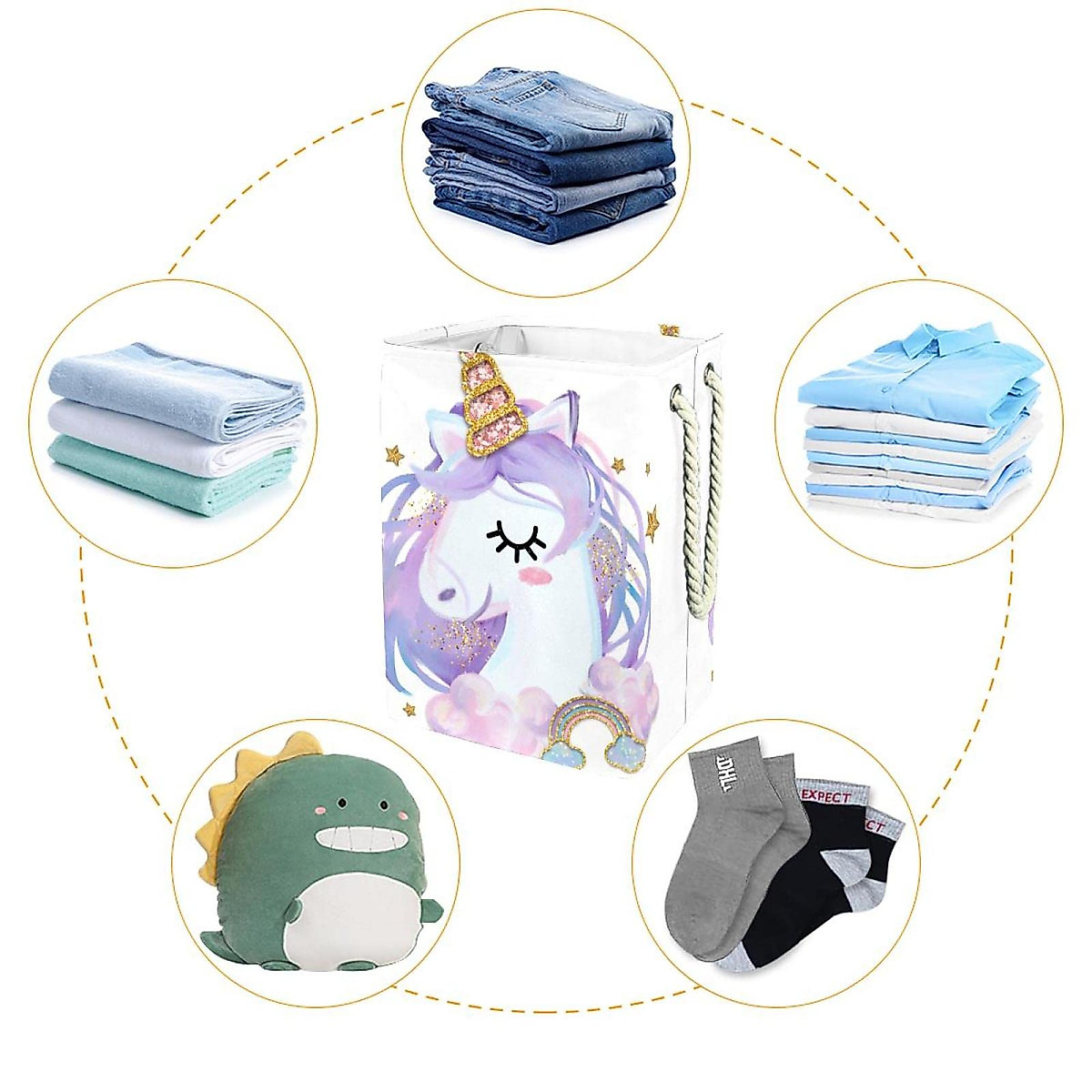 Laundry Hamper Unicorn Girl Toy Storage Collapsible Clothes Basket Folding Washing Bin With Handles 19.3x11.8x15.9 in
