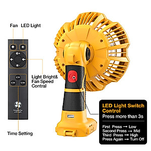 Hipoke Portable Fan for Dewalt 20V Lithium-ion Battery, High-Velocity Industrial, Drum, Floor, Barn, Warehouse Fan with 9W LED Light, USB Port, Battery Operated Handheld Fan for Camping, Traveling
