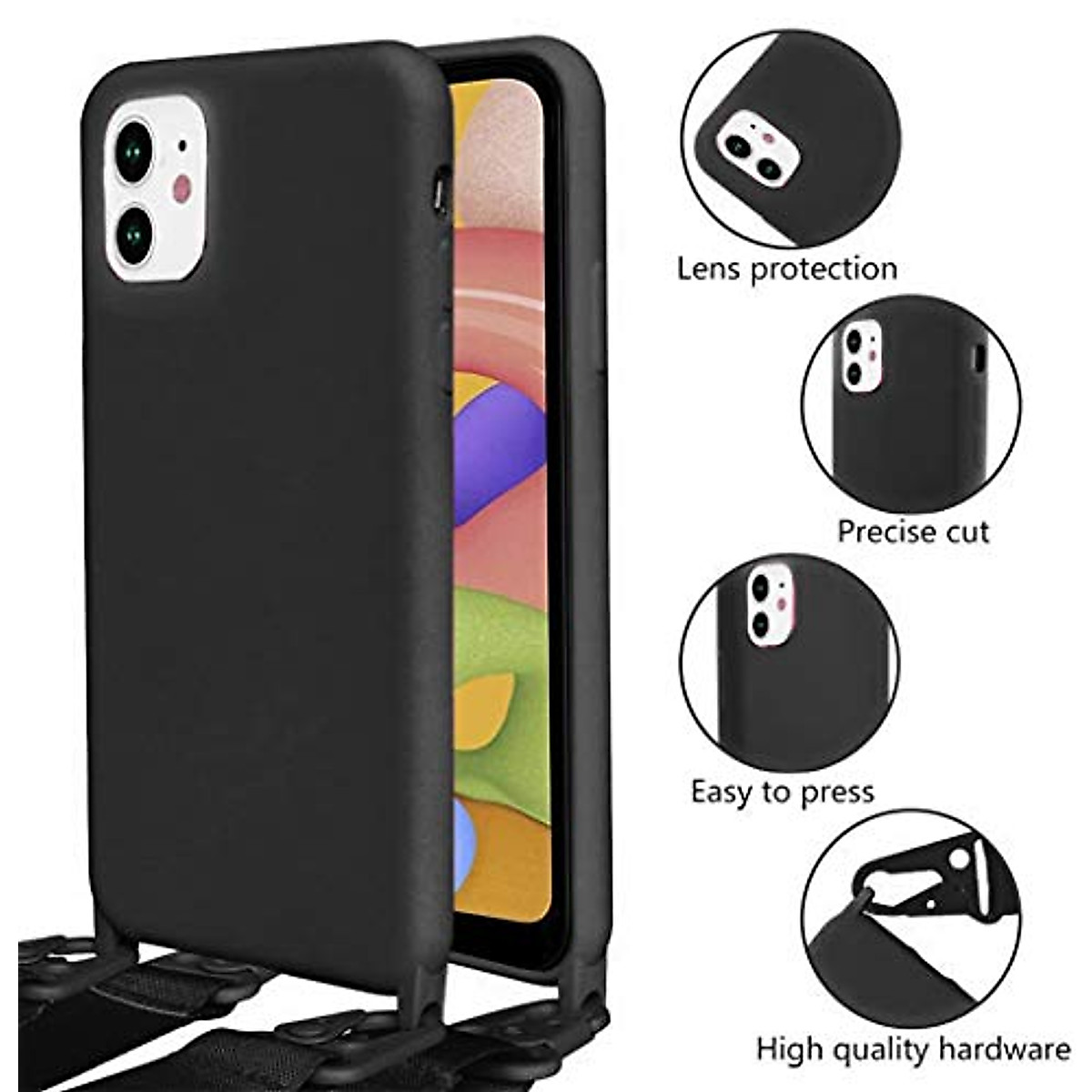 Mobile Phone Chain Case Compatible with Apple iPhone 11 Necklace Case Nylon Shoulder Strap Soft Silicone TPU Cover with Cord for Hanging Protective Case with Stylish Strap (Black)