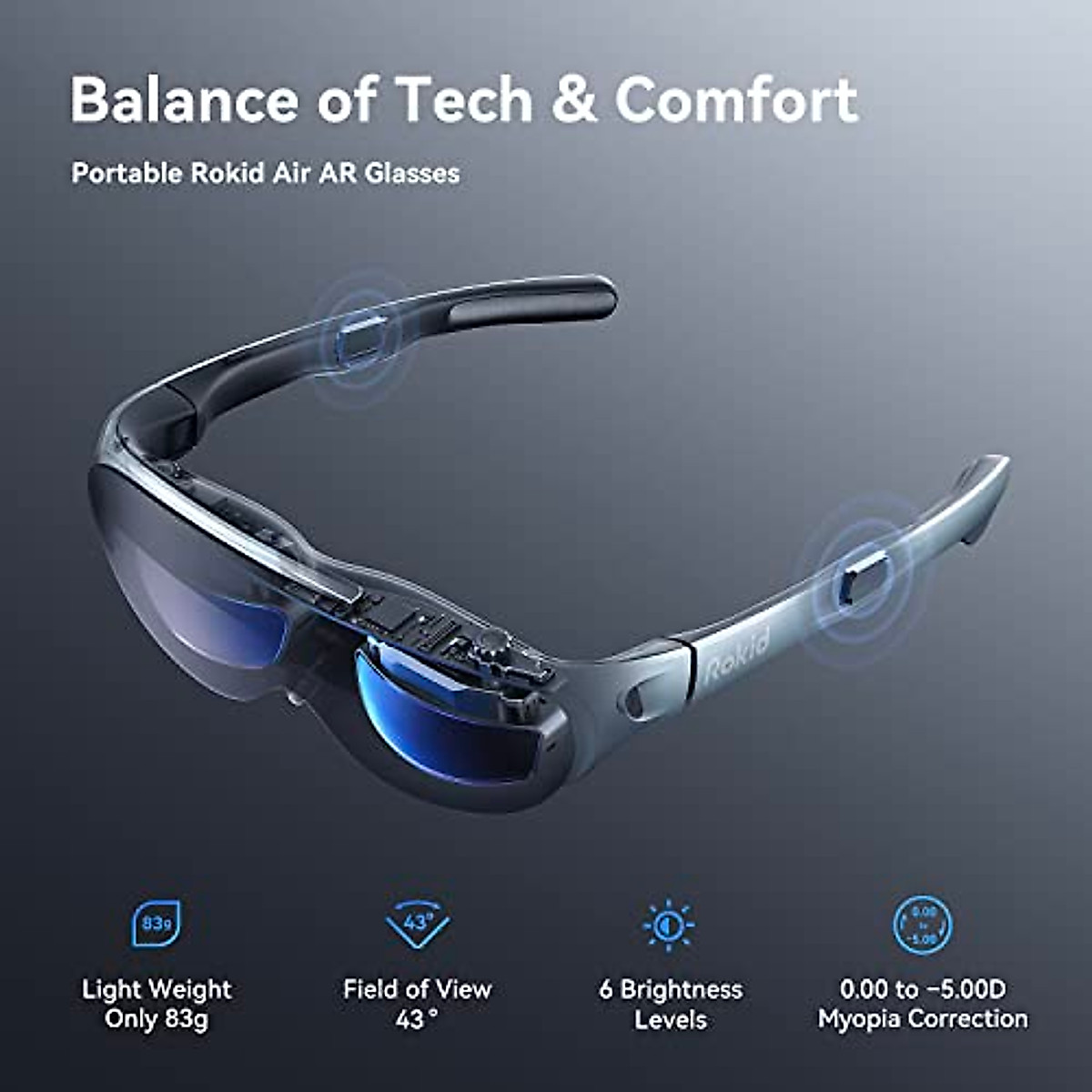 Rokid Air AR Glasses, Myopia Friendly Pocket-Sized Yet Massive 120"" Screen with 1080P OLED Dual Display, 43°FoV, 55PPD