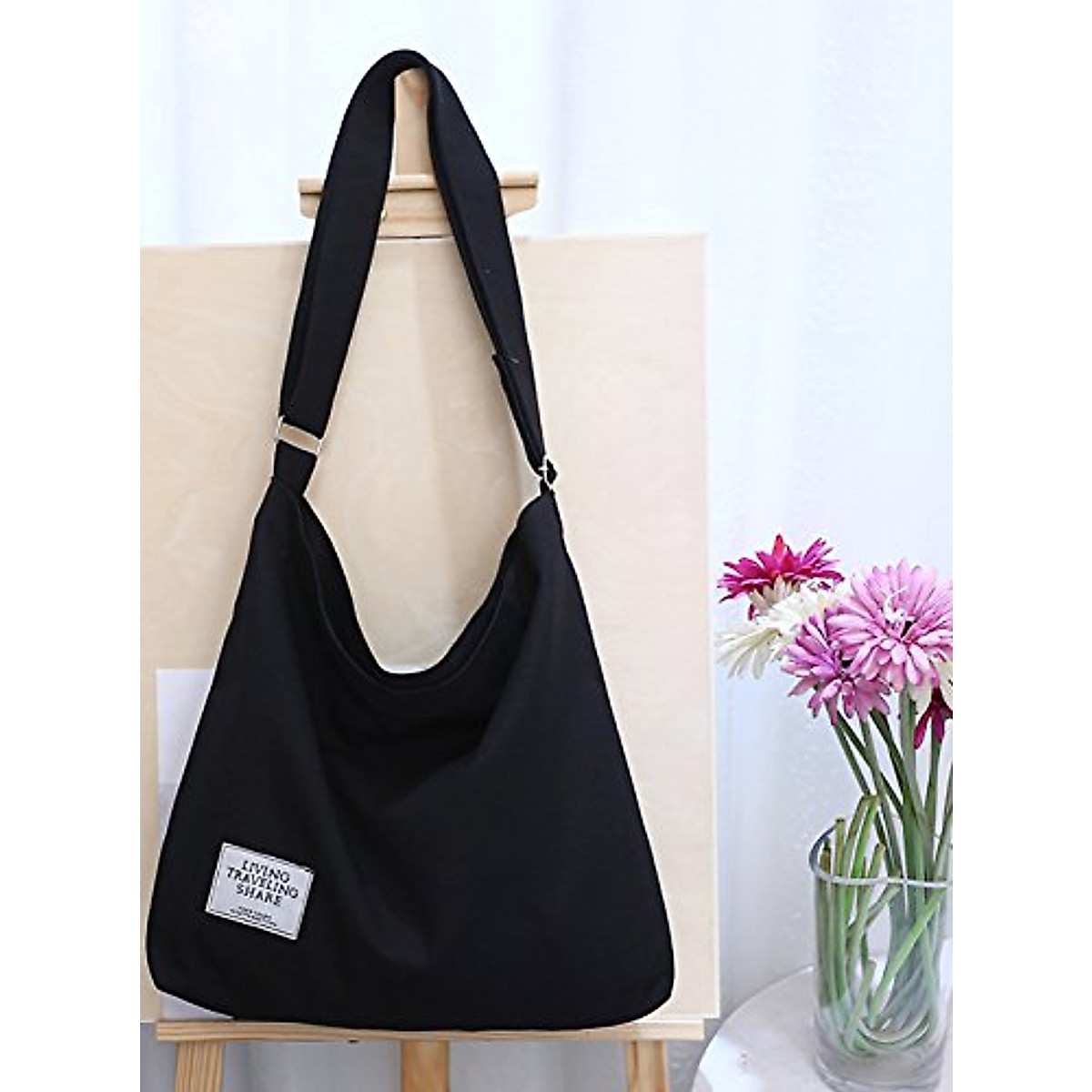 Covelin Women's Retro Large Size Canvas Shoulder Bag Hobo Crossbody Handbag Casual Tote Black