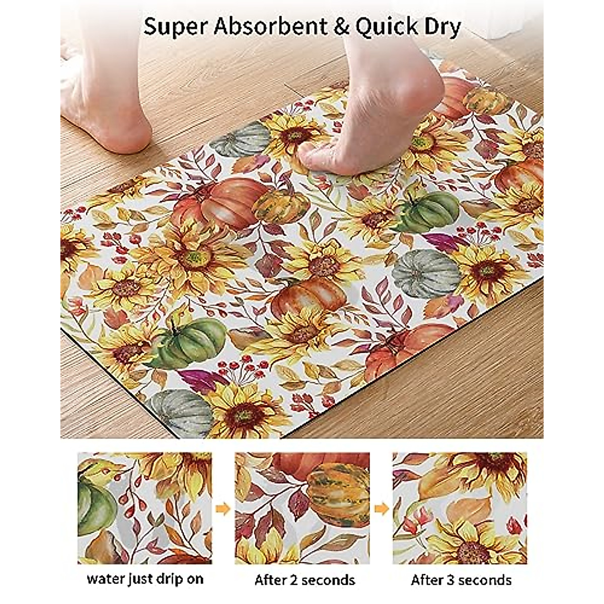 Bathroom Floor Shower Mat, Non-Slip Small Rugs - Easy to Clean, Thanksgiving Pumpkin Sunflower Fall Durable Bath Rug 24"x36" Washable Quick Dry Diatomaceous Earth Mats for Bathtubs