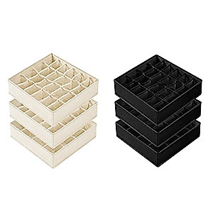 6 Pack Sock Underwear Drawer Organizer Dividers, 64 Cell Fabric Foldable Cabinet Closet Organizers and Storage Boxes for Storing Socks, Underwear, Ties (16+24+24 Cell, Beige+Black)