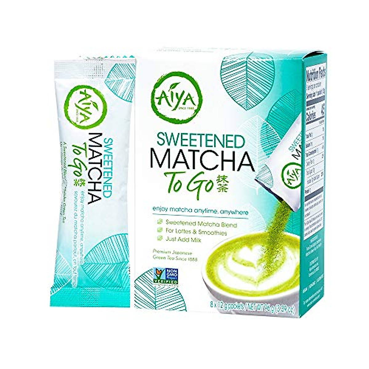 Aiya Japanese Sweetened Matcha To Go Sticks - Ceremonial Grade Matcha Powder - Vegan-Friendly, Gluten-Free - 96g (3.39 oz), Pack of 8