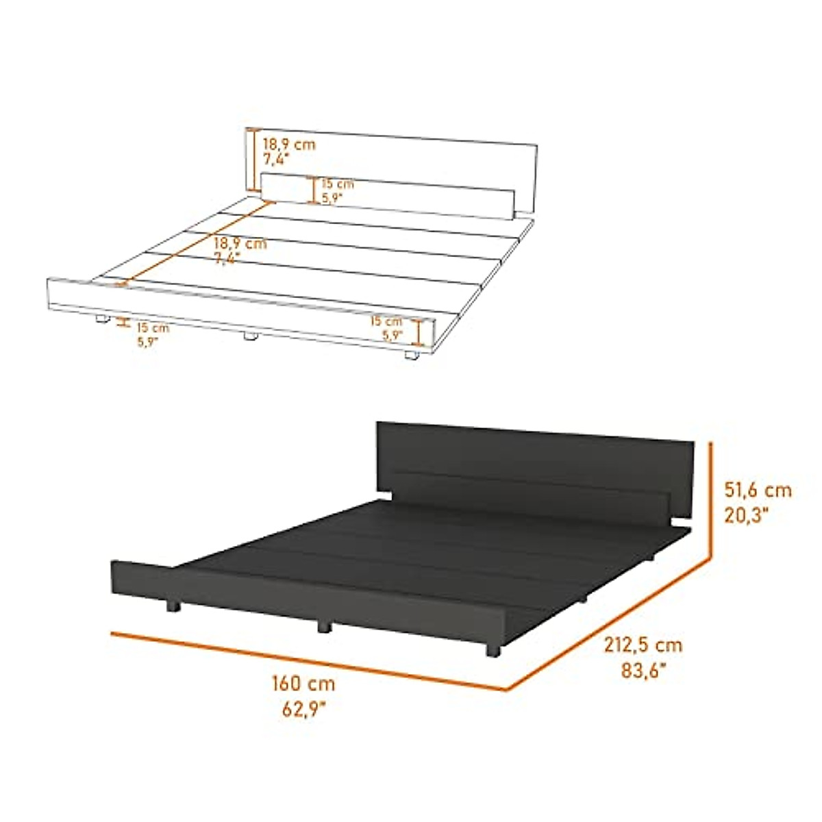 Epinki Queen Bed Frame Black, Particle Board, Low Profile Bed, Easy Assembly