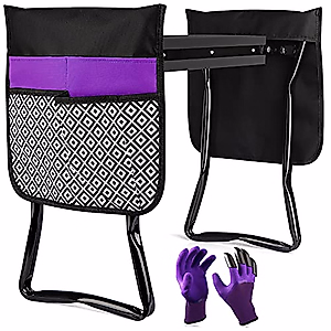 Garden Kneeler and Seat Foldable Garden Stools Garden Bench with 2 Tool Pouches & 2 Digging Gloves, Portable Garden Kneeling Pad EVA Foam Pad, Garden Gifts Tools for Men Women Gardener (Black&Purple)