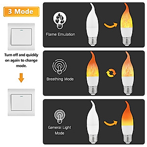 Lpraer 6 Pack E26 LED Flame Effect Light Bulbs 3 Modes Flickering Flame Tip Candelabra Light Bulbs Warm White Chandelier Bulbs for Easter Halloween