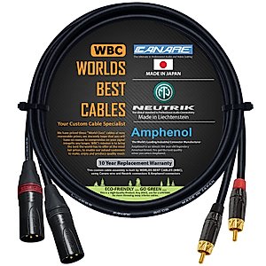 WORLDS BEST CABLES 4.5 Foot - RCA to XLR (Male) Cable Pair - Canare L-4E6S Star-Quad Audio Interconnect Cable & Amphenol ACPL RCA & Neutrik Male XLR Gold Plugs - CUSTOM MADE