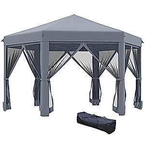 Outsunny 13' x 11' Hexagonal Pop Up Gazebo, Heavy Duty Outdoor Canopy Tent with 6 Mesh Sidewall Netting, 3-Level Adjustable Height and Strong Steel Frame, Gray
