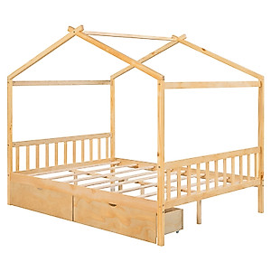 Bellemave Full House Bed with Storage Drawers Natural Montessori Beds Wood Beach Bed Frame Cottage Beds for Kids Girls Boys Teens, Full Size