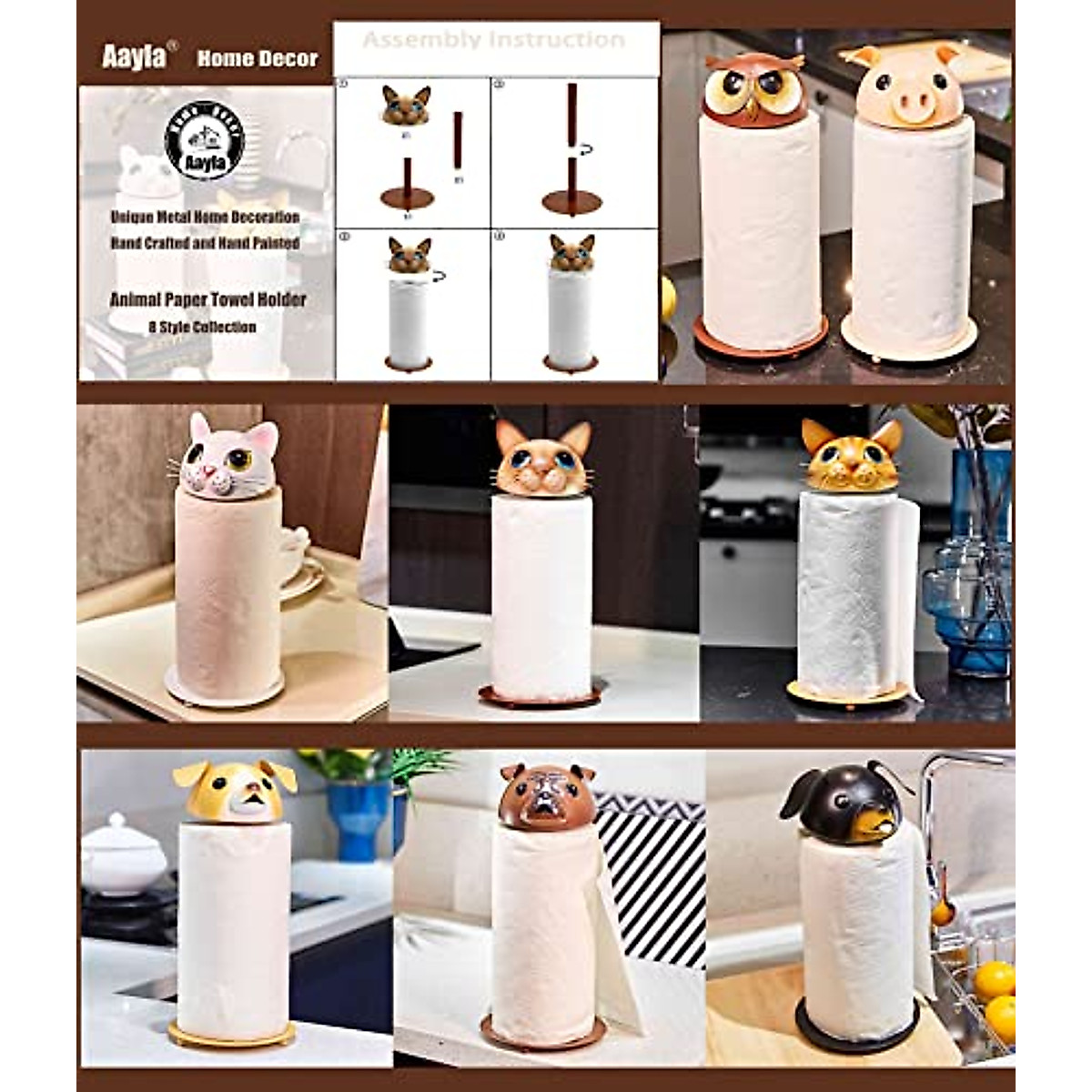 Aayla Paper Towel Holder - Metal Unique Cat Paper Towel Roll Stand for Counter Top of Kitchen Home Dining Bathroom, Adorable Gifts for Cat Dog Pet Lovers (Cat - Brown)